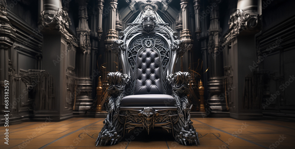 ultra realistic silver kings throne, chair in front of an wall ...