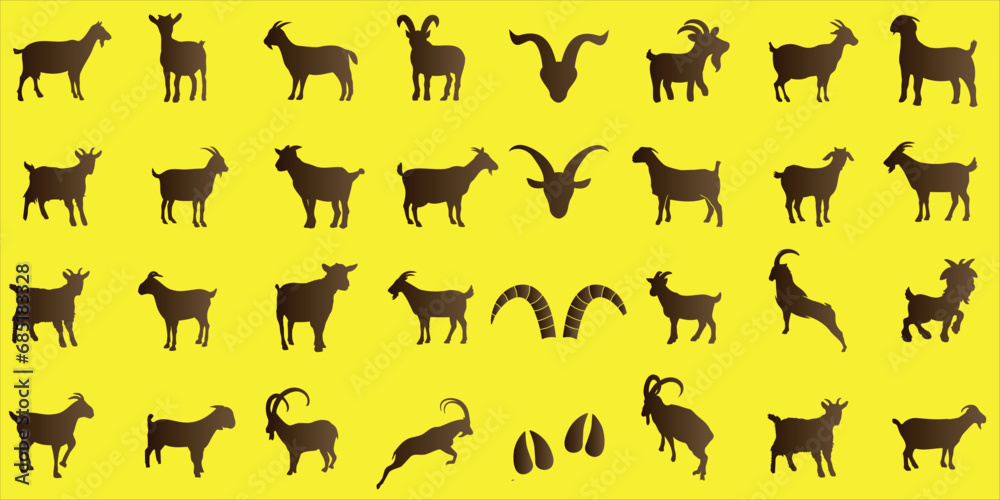 Goat, Vector Illustration, Black Silhouettes, Yellow Background ...