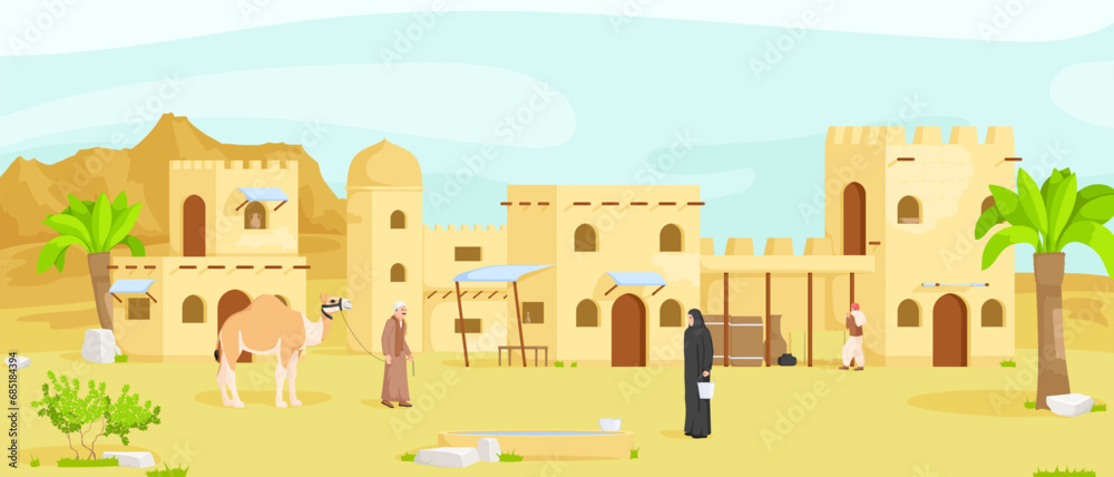 Arabian small village cityscape architecture, cartoon buildings, muslim ...