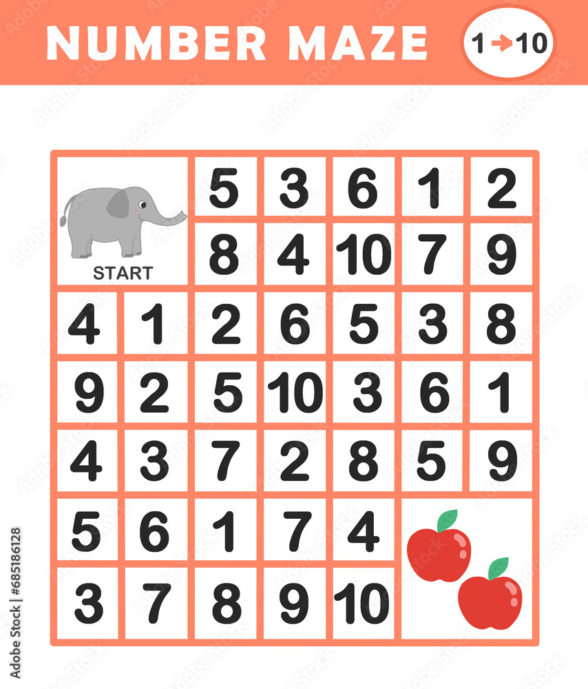 Number maze game for children with cute elephant illustration. Help the ...