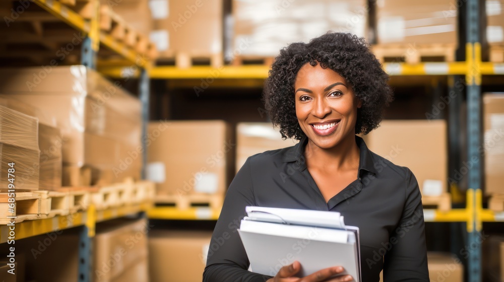 Smiley female accountant in warehouse. Middle aged African American ...