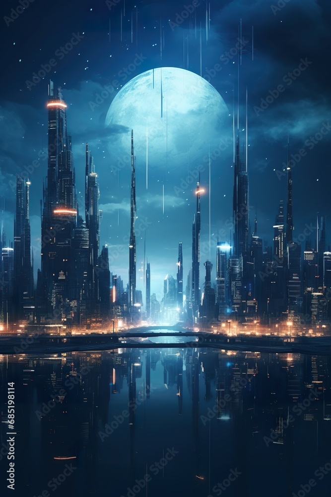 A dystopian cityscape at night, illuminated by digital billboards and ...