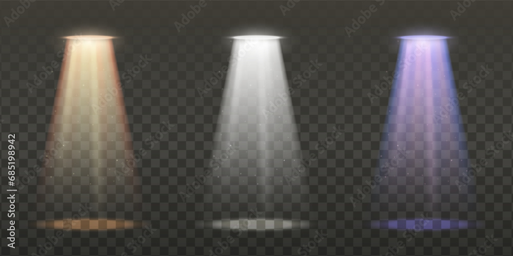 Set of mild, cold and purple spotlight. Lamp beam, illuminated stage ...