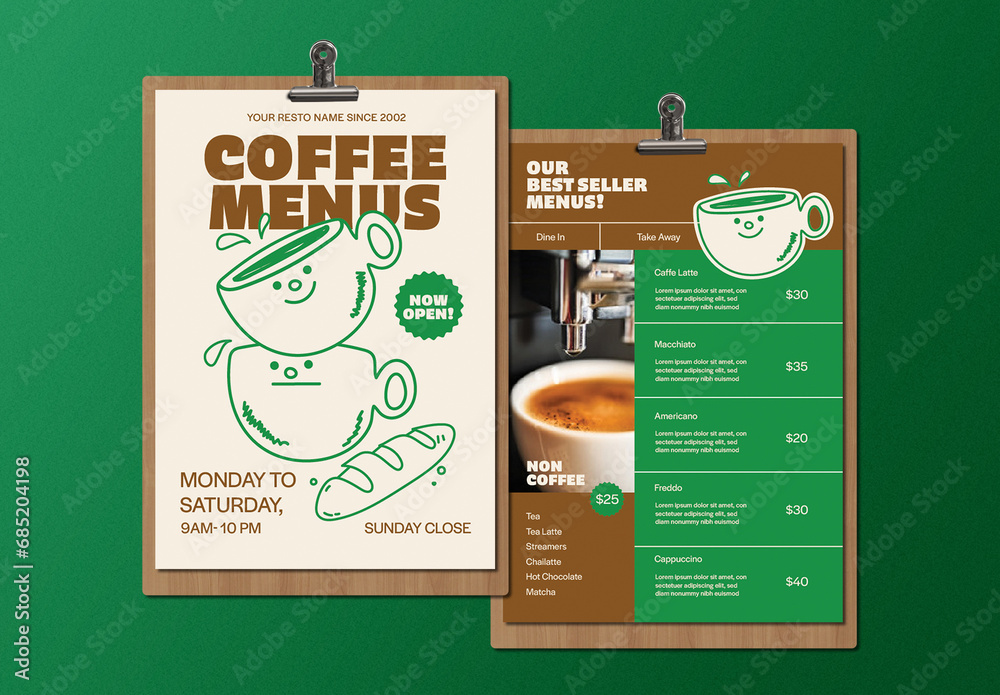 Green 90s Nostalgic Retro Handdrawn Coffee Food Menu Stock Template ...