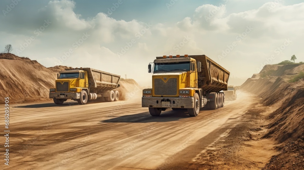 dump trucks unloading waste on a vast sanitary fill. Convey the ...