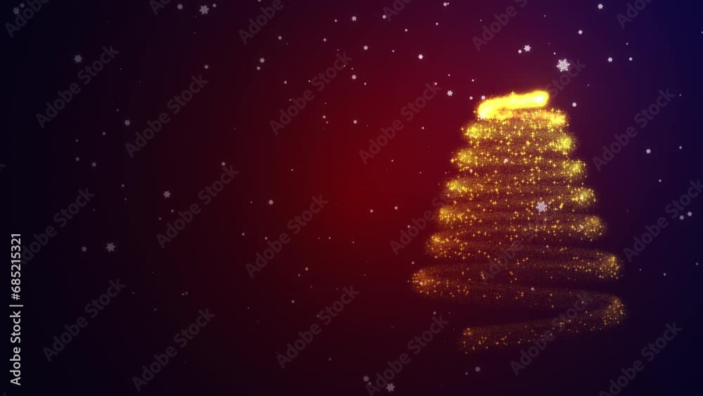 Glowing gold Christmas tree animation with particles lights snowflakes and stars on a red and ...