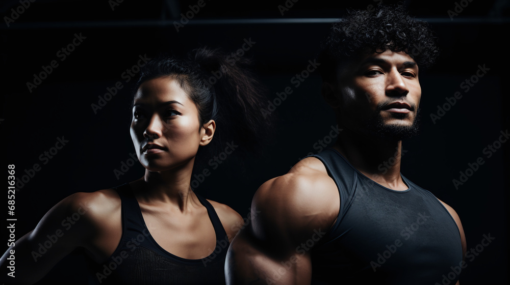 Fitness Duo with Athletic Physique in Dramatic Lighting Gym Workout ...
