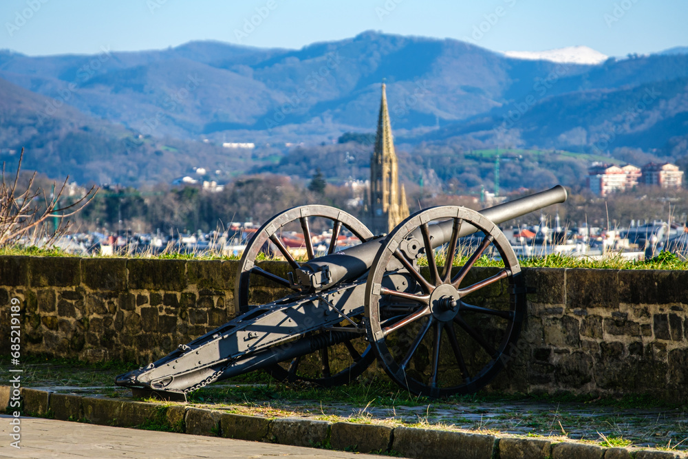 Antique cannon artillery defensive weapon at historic fort building ...