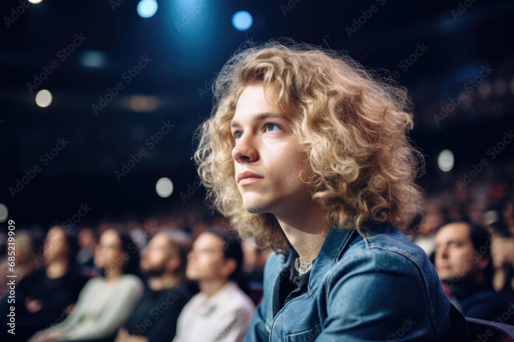 Woman sitting in front of crowd of people. This versatile image can be ...