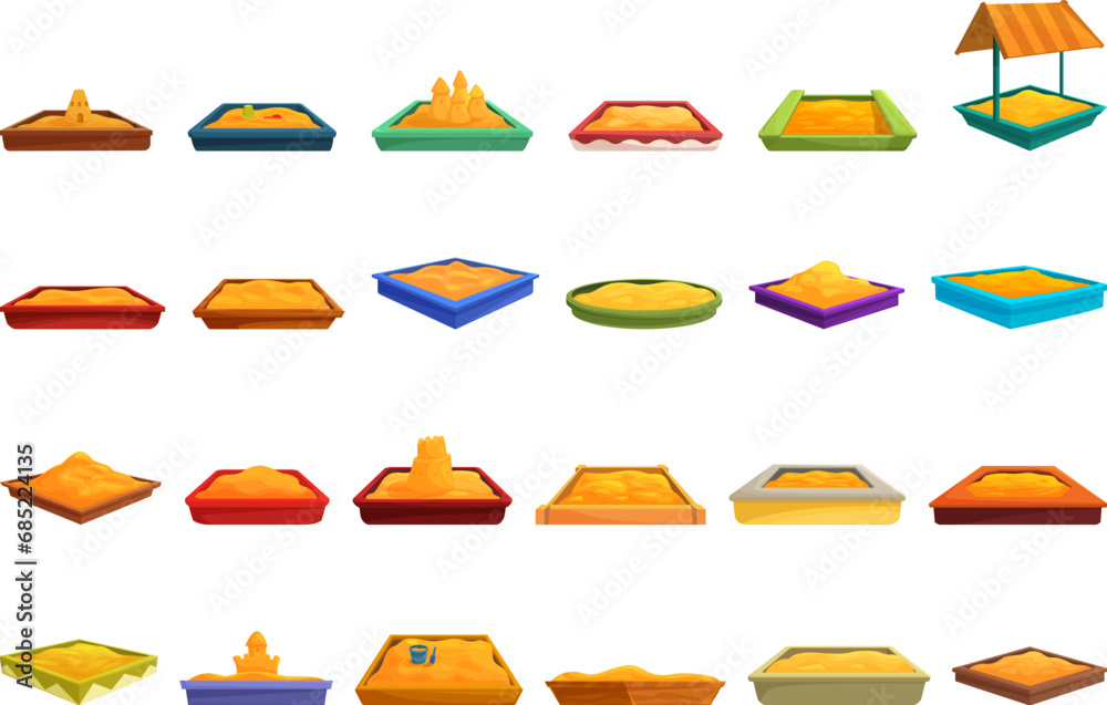 Sandbox icons set cartoon vector. Kid bucket park. Yard wooden sand ...