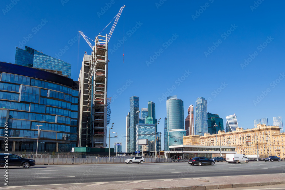 Streets of a modern metropolis. View of building construction and ...