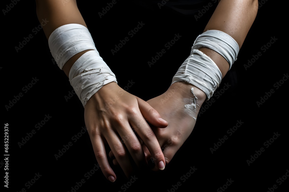 Injured person with bandages wrapped around their body holding hands ...