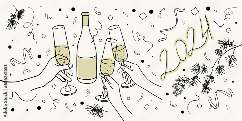 Continuous line yellow champagne cheers one line art, continuous ...