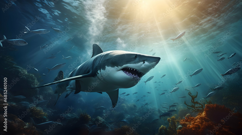 Photo & Art Print A predator great white shark swimming in the ocean ...