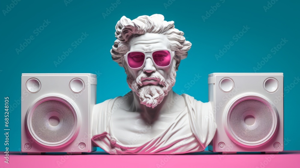 Ancient Greek marble statue wearing sunglasses with sound speakers ...
