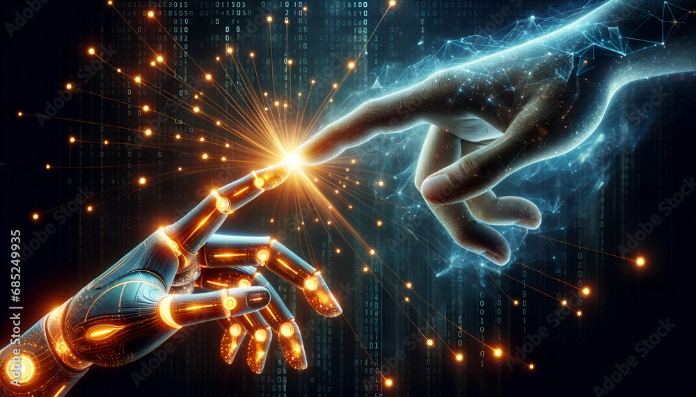 Digital AI hand and finger touching the finger of a human finger .AI ...