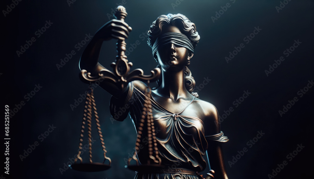 image featuring the Lady Justice statue set against a cinematic dark ...