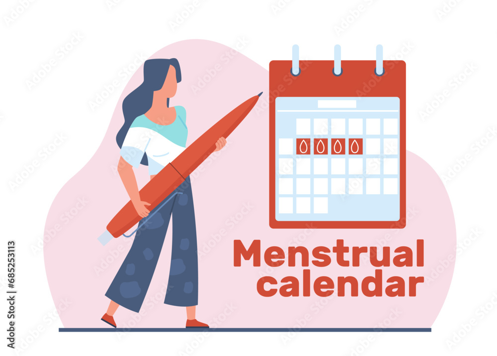 Girl keeps her menstrual calendar. Woman near large table with period ...