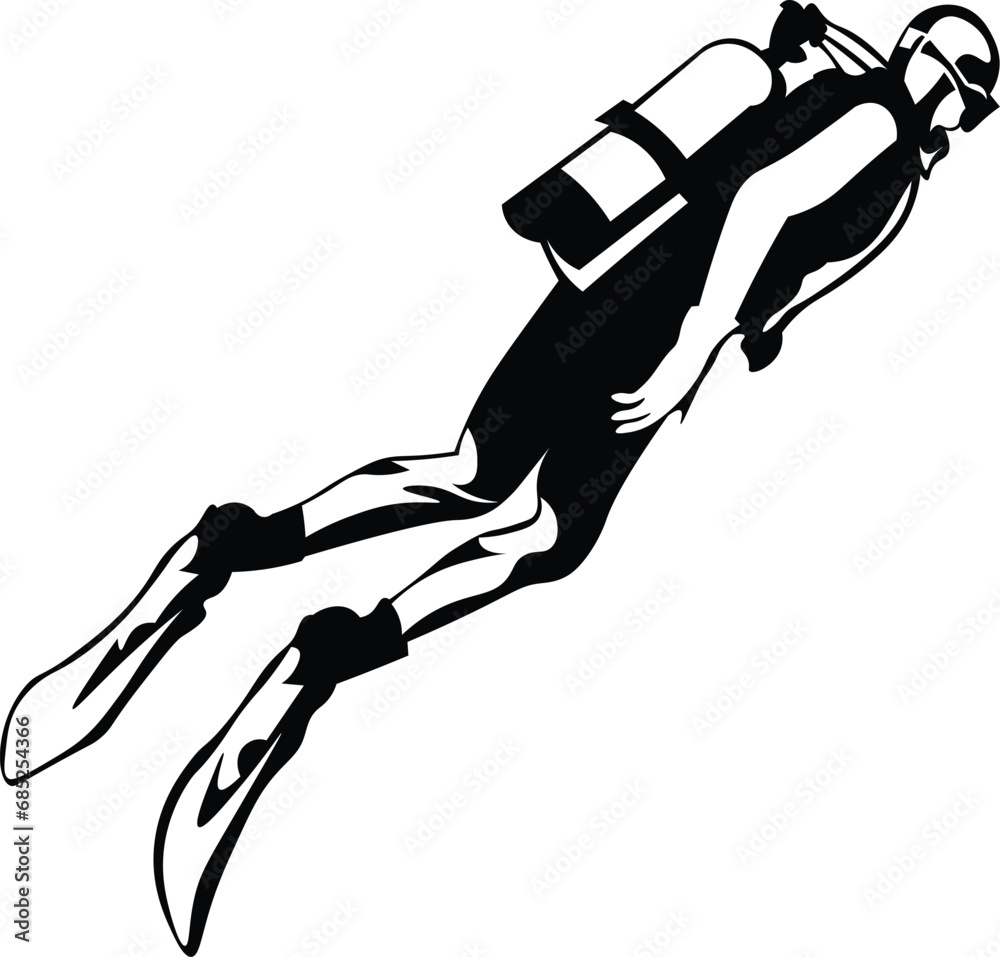 Cartoon Black and White Isolated Illustration Vector Of A Scuba Diver ...