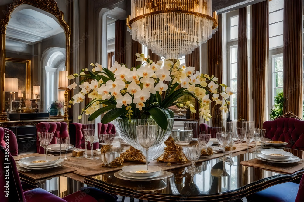 An opulent glass dining table arranged with luxurious home decor items ...