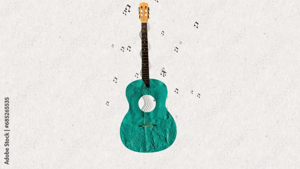 Contemporary art. Drawn acoustic guitar and music notes isolated over ...
