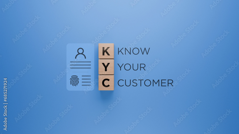 Wooden blocks with KYC acronym, identification card icon with ...