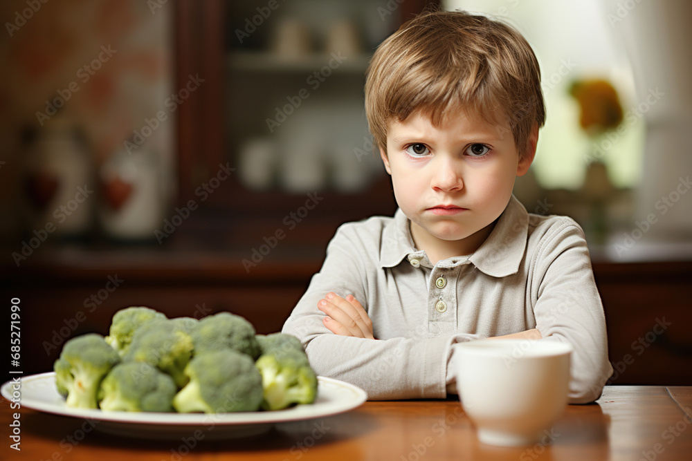 6-year-old kid disgusted with a plate of boiled vegetables in dining ...