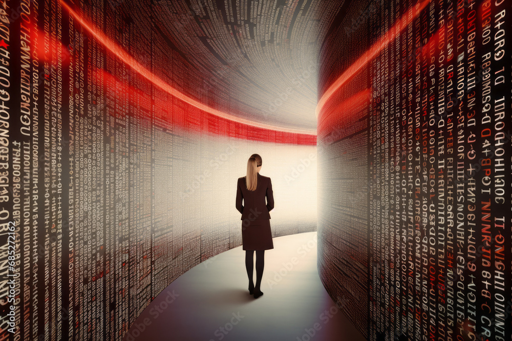 Person surrounded by flow of digital data, trying to find their way ...