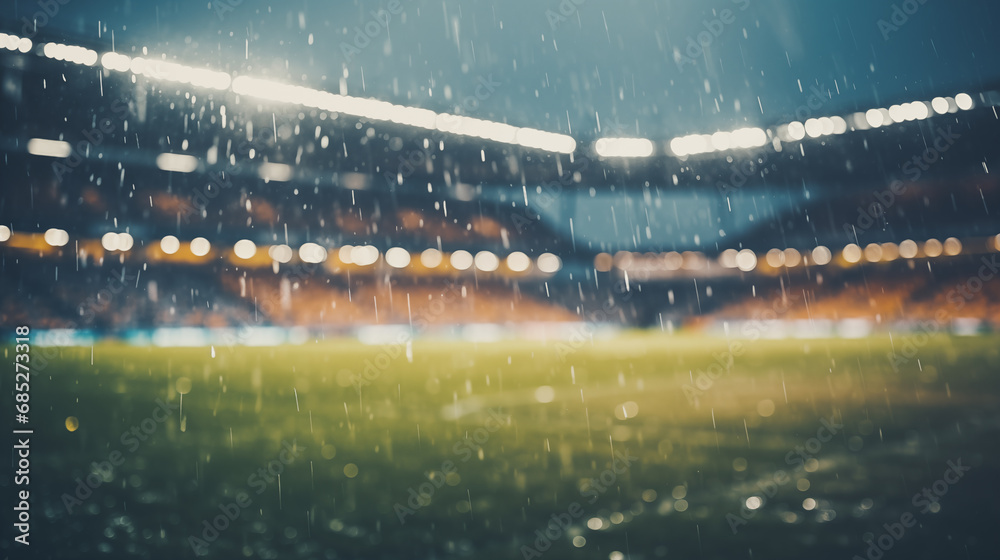 Sports stadium with lights on. Big arena, grandstand. Rainy weather ...