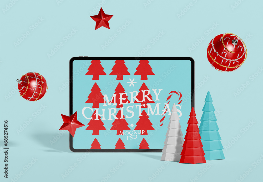 Tablet Screen with Christmas Theme Mockup Stock Template | Adobe Stock