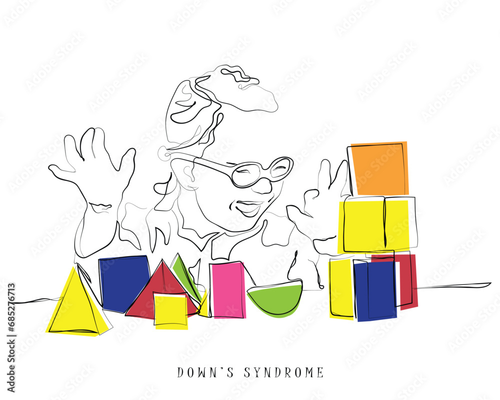 kids with down syndrome. Hand drawn line art vector of a cute little ...