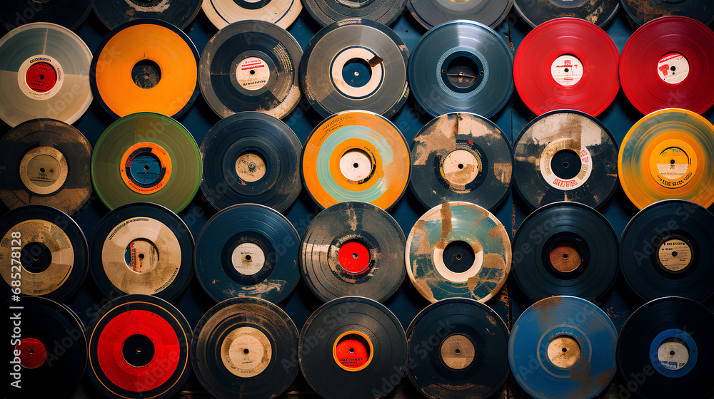 Used vintage vinyl records of various types and colors. Retro musical ...