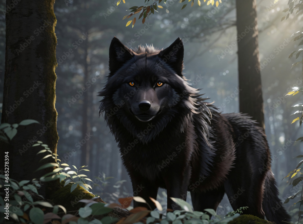black wolf in the middle of the forest Ai Generative Stock Illustration ...