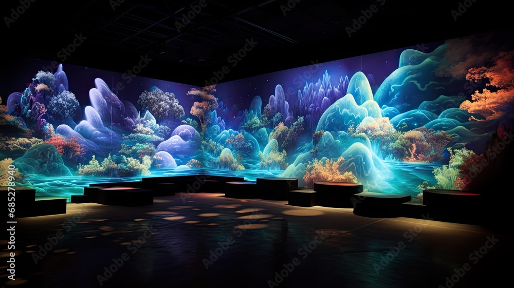 Visuals of digital art projections on 3D walls, demonstrating the use ...