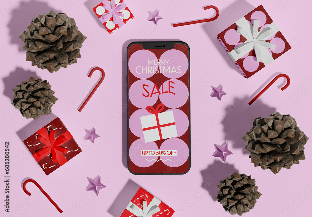 Top View of Christmas Smartphone Theme Mockup Stock Template | Adobe Stock