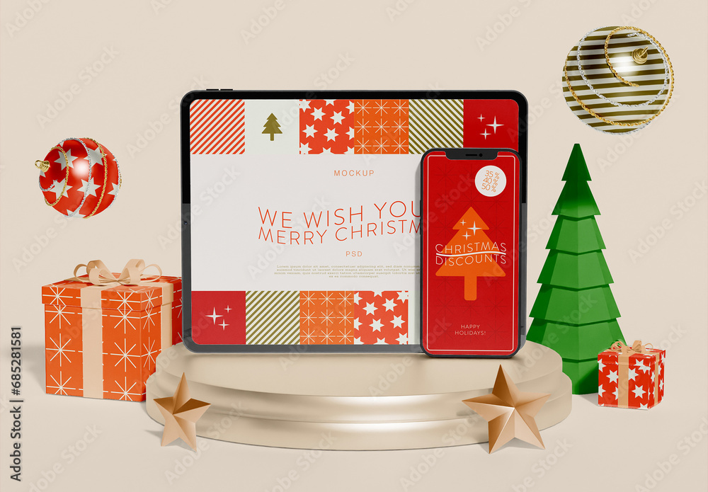Smartphone and Tablet with Holiday Ornaments Mockup Stock Template ...