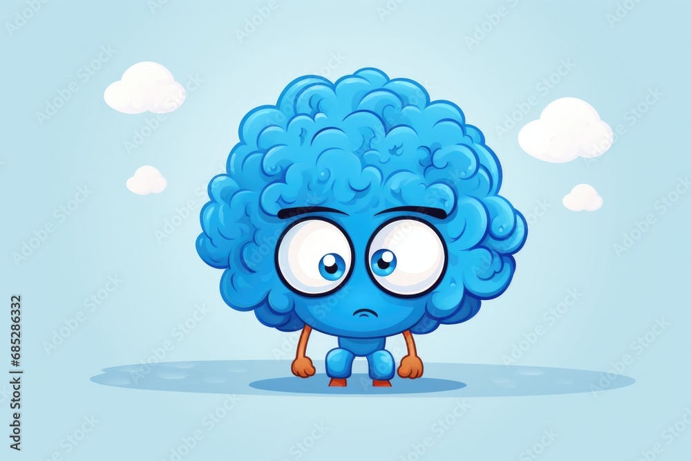 A cartoon illustration of a blue brain with a sad expression. This ...