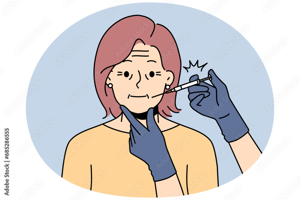 Vetor de Closeup of cosmetician with syringe do facial botox therapy to ...