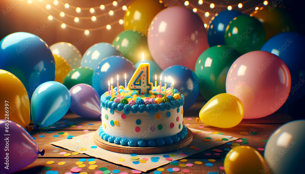 Fourth Birthday Cake with Blue Icing and Balloons Stock Photo | Adobe Stock