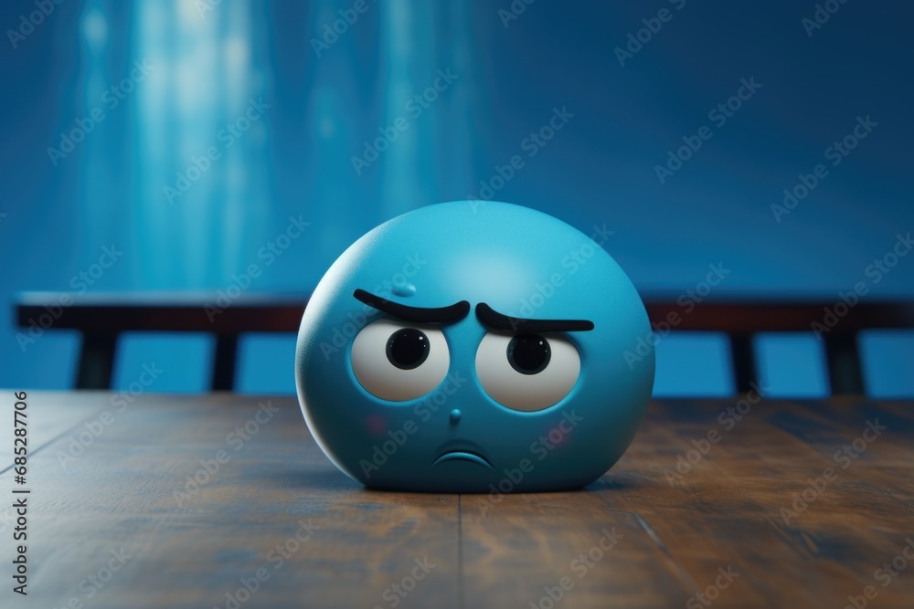 A blue ball with a sad face sitting on a table. This image can be used ...