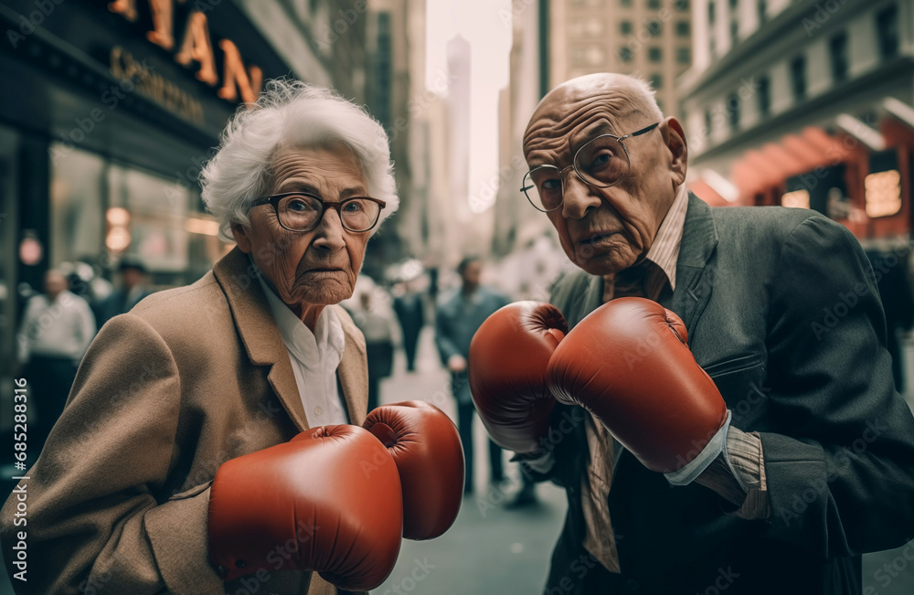 Pensioners boxing on street in USA. Grandmother boxing with grandfather ...