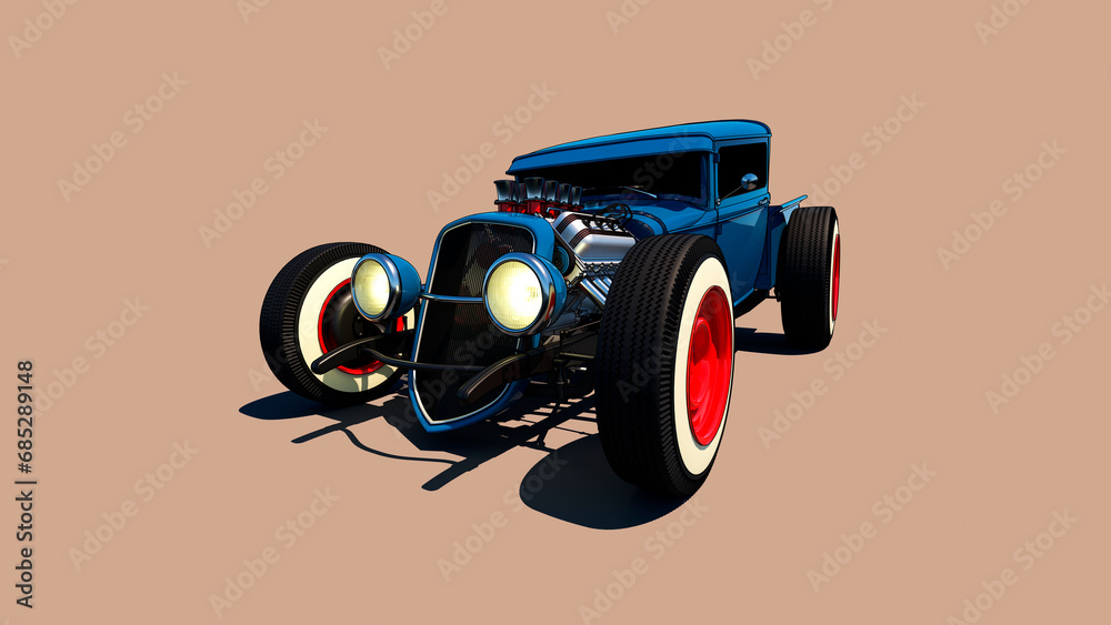 Classic American hot rod in cartoon style. A powerful car with a big ...