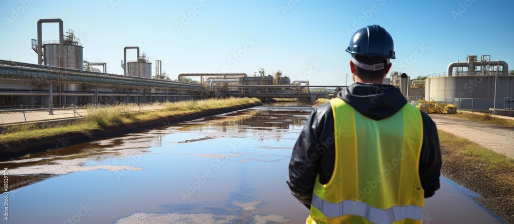 Technician ensuring pollution control in wastewater treatment plant ...