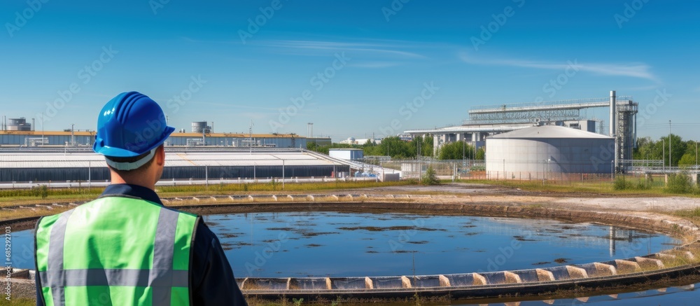 Technician ensuring pollution control in wastewater treatment plant ...
