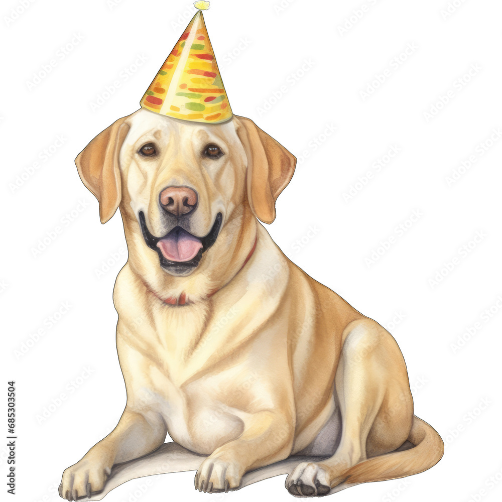 Yellow Labrador retriever dog wearing a party hat, isolated on ...