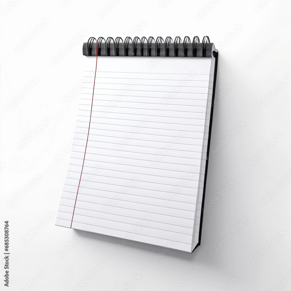 Bloco de nota com arrame, isolado, visto de lado. Bloco com papel com ...