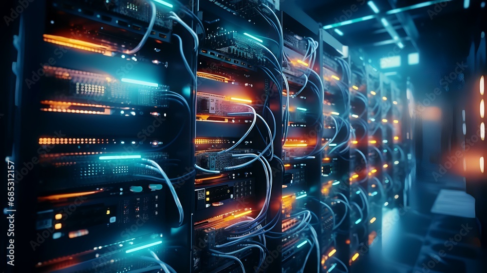 Futuristic server room with fiber optic cables and hardware. 3d ...