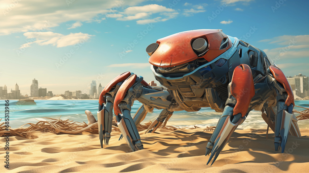 Realistic robotic red crab. Sea futuristic aquatic cyber animal with ...