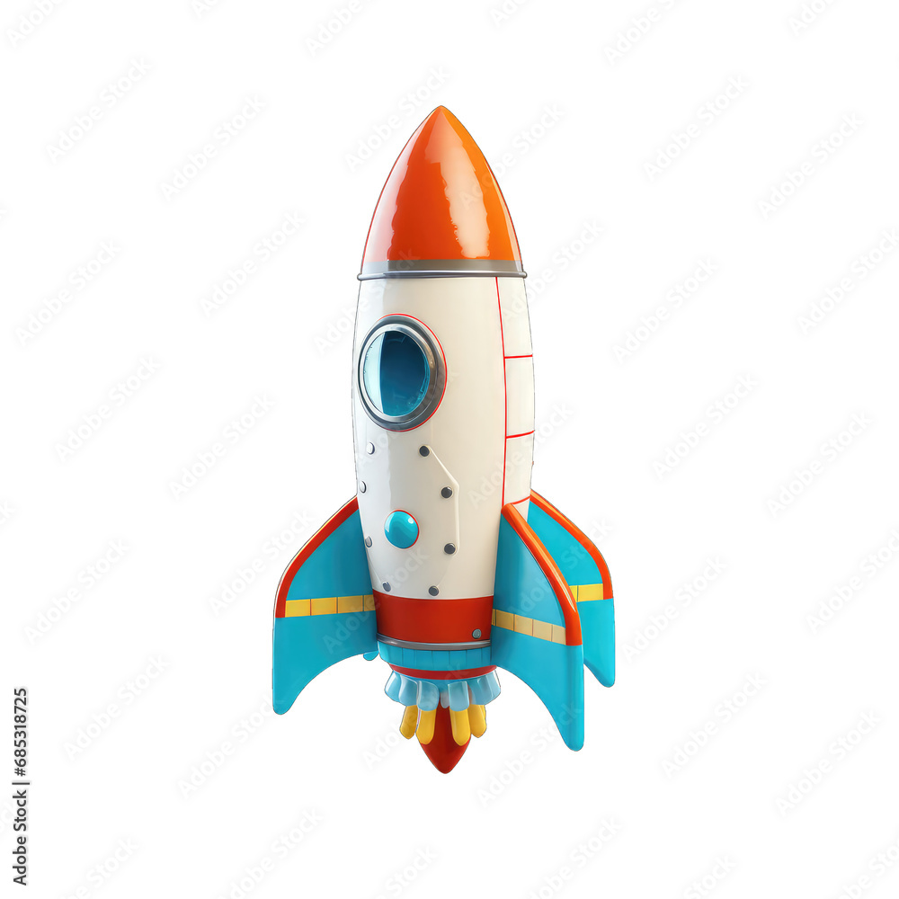 3D model of a rocket toy with flames in flight isolated on transparent ...