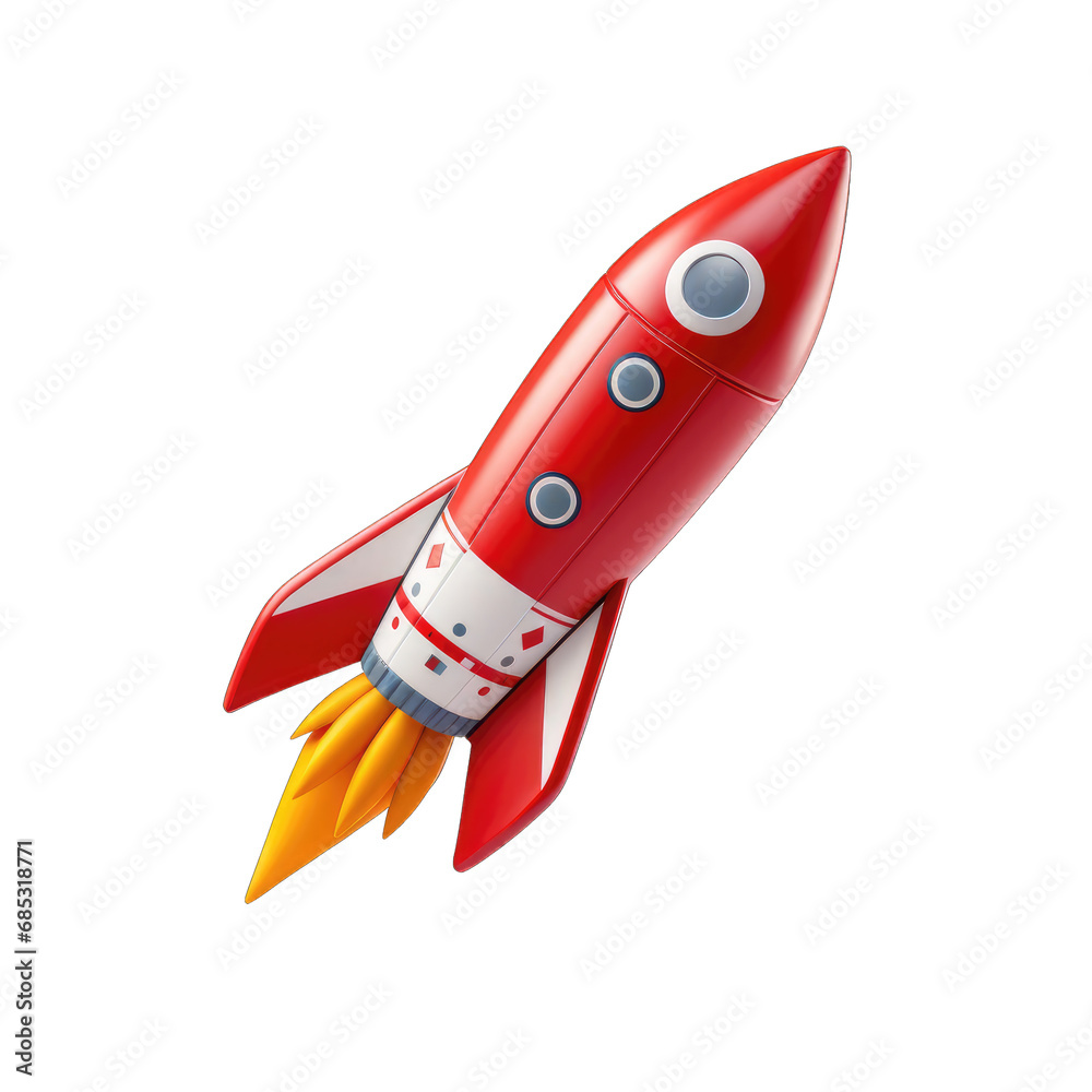 3D model of a rocket toy with flames in flight isolated on transparent ...